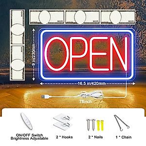 Led Neon Open Signs for Business,16.5"X 9" Open Signs, Powered by USB with ON/OFF Switch, Adjustable Bright Led Neon Open Sign for Bar Salon Coffee Stores Club Hotel (Blue/Red-Horizontal)