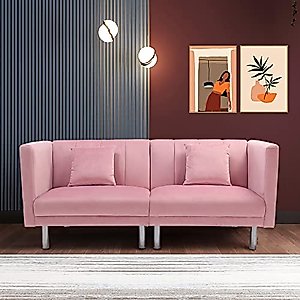 Majnesvon Modern Velvet Fabric Sofa Bed Futon with 2 Pillows,Couch with 3 Adjustable Angles,Convertible Small Loveseat Folding Sleeper Sofa Bed for Compact Living Spaces,Bedroom (Pink), Twin