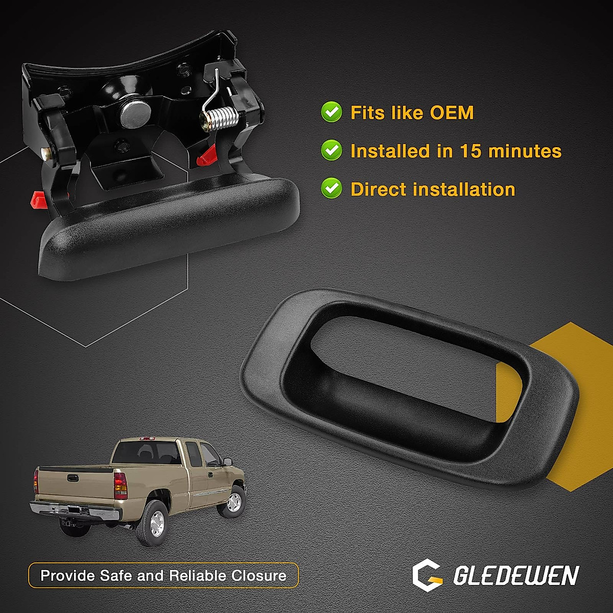 Tailgate Handle Latch and Bezel Trim with Rod Clips | for 1999-2007 Chevy Silverado GMC Sierra 1500 2500 3500 | Replaces# 15997911, 15228539, 15228541, 15228540