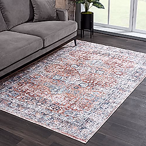 Bloom Rugs Caria Washable Non-Slip 4x6 Rug - Brick/Dark Blue Area Rug for Living Room, Bedroom, Dining Room and Kitchen - Exact Size: 4' x 6'