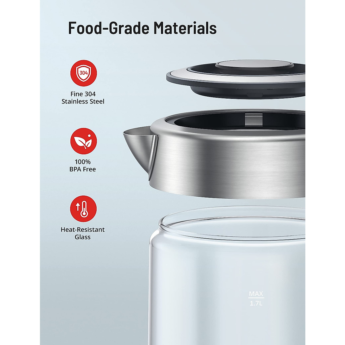 Paris Rhône Electric Kettle, Tea Kettle with 6 Temperature Settings, 1.7L Glass & Stainless Steel Heater, Touch Control, LED Screen, Keep Warm Mode, Boil-Dry Protection, for Milk, Tea, Coffee