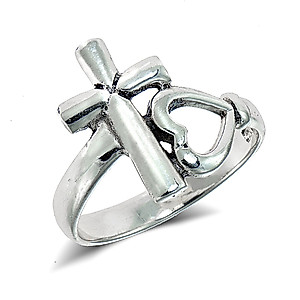 Hoops & Loops 925 Sterling Silver Cross and Sideways Heart Statement Fashion Christian Spiritual Ring for Women Men Teen Girls, Size 8