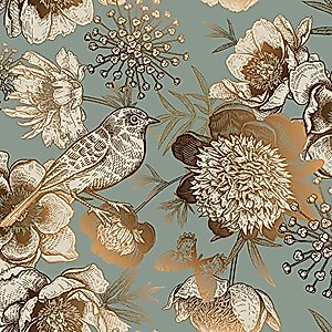 ReWallpaper Vintage Gold Floral Wallpaper Garden Bird Flower Peel and Stick Wallpaper for Bedroom Accent Wall 17.5in X 10ft Dark Cyan Teal Contact Paper for Cabinets Peel & Stick Vinyl Wall Paper
