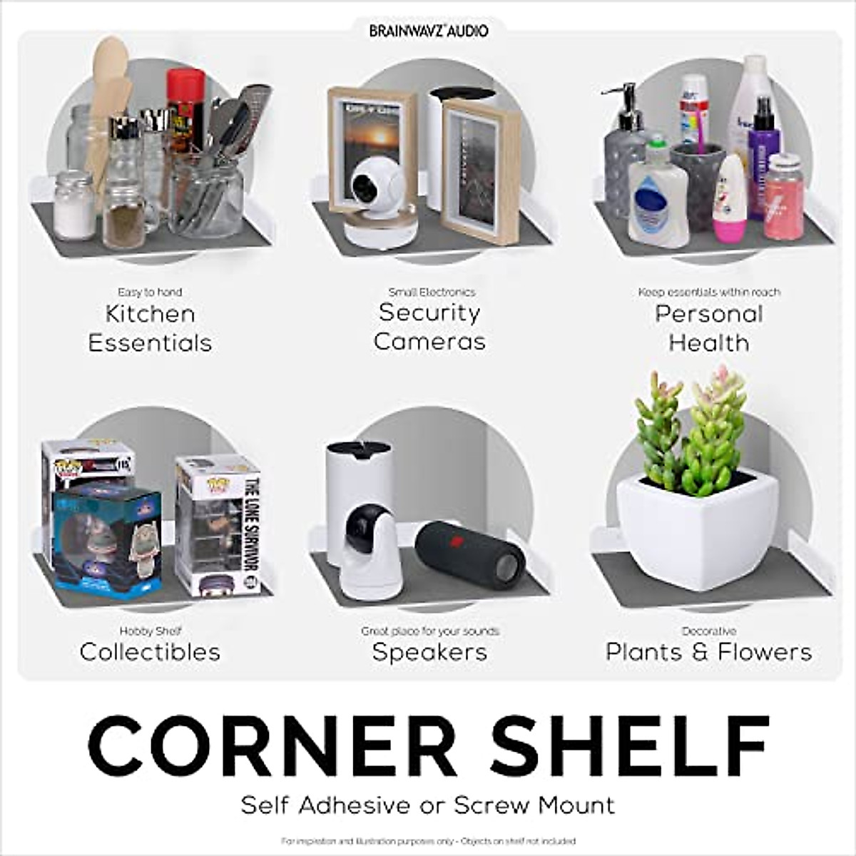 BRAINWAVZ 2-Pack 10” Corner Floating Shelf for Speakers, Books, Decor, Plants, Cameras, Photos, Kitchen, Bathroom, Routers & More Universal Small Holder Acrylic Wall Shelves (White)