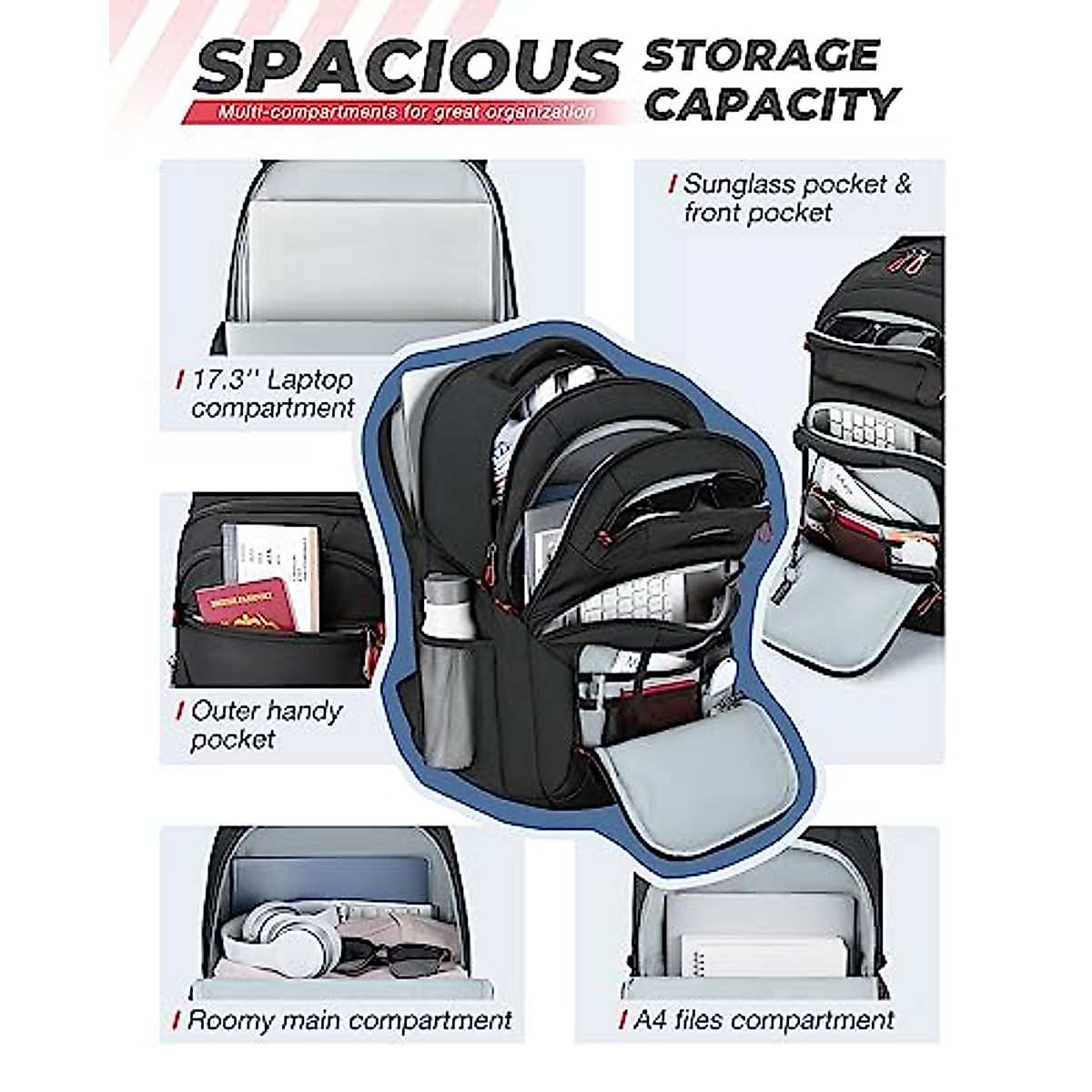 BAGSMART Travel Laptop Backpack Men Women, Extra Large Work 17.3 Inch Computer Backpack Airline Approved Carry On with Water-Repellent, Charging Hole, for Business Work College Hiking Weekender, Black