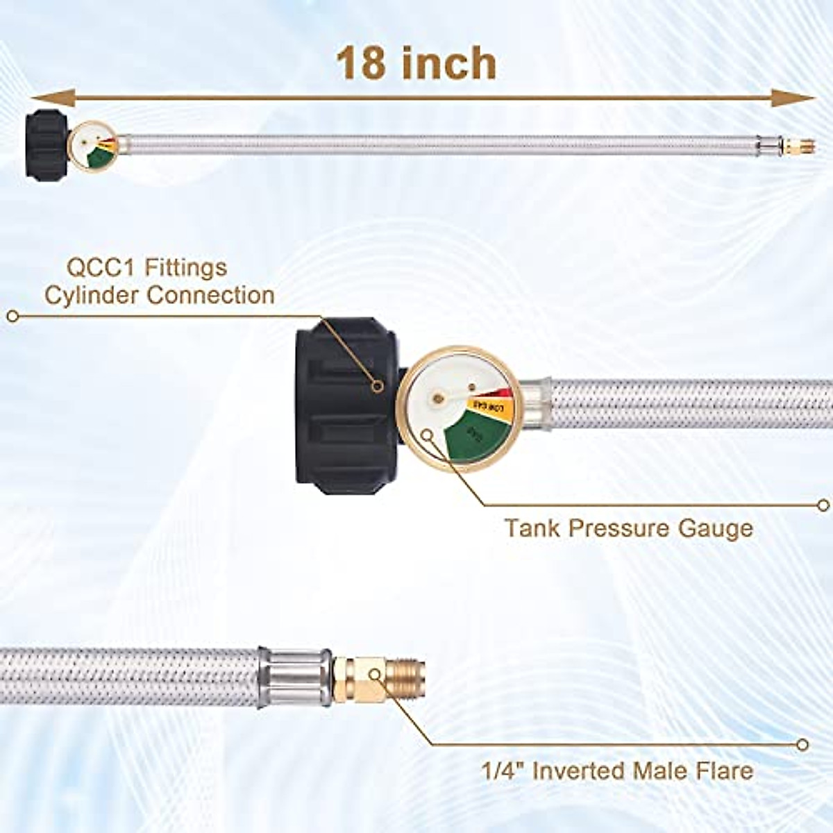 2-Stage Auto-Changeover LP Propane Dual Tank Pressure Regulators, 18 Inch Pigtail Hoses Stainless Steel Braided with Gauge (2 Pcs) 1/4" Inverted Male Flare / QCC1 Fitting for RVs,Trailers, Camper