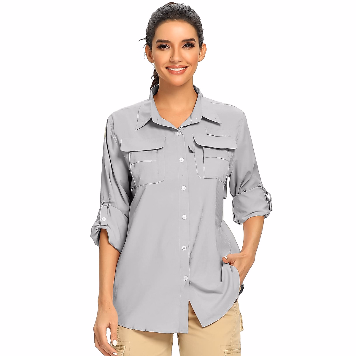 Jessie Kidden Women's UPF 50+ UV Sun Protection Safari Shirt, Long Sleeve Outdoor Cool Quick Dry Fishing Hiking Gardening Shirts (5055 Grey XL)