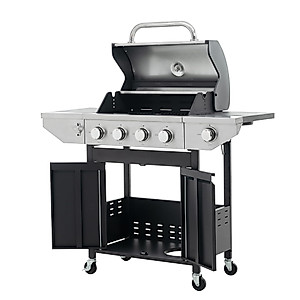 HESIEU Propane Grill 4 Burner Grill Stainless Steel Gas Grill with Side Burner and Thermometer One Touch Electronic Ignition System with Four Wheels for Outdoor BBQ, Camping
