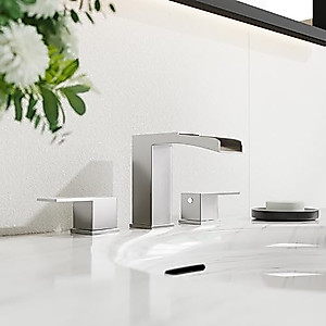 Pheistina 8-Inch Widespread Brushed Nickel 3 Holes 2 Handles Waterfall Bathroom Sink Faucet, with Metal Pop Up Drain Assembly & Cupc Water Supply Lines, NS-WF002-1-BN