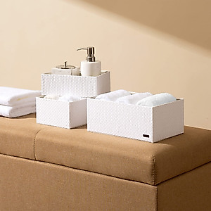 LA JOLIE MUSE Recycled Woven Paper Storage Baskets Set 3 - Stackable Paper Rope Storage Baskets for Organizing Container Bins for Shelves Cupboards Drawer, Small Woven Basket with Liner (White)