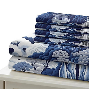 HOUKIG Chinoiserie Blue Bedding Set 3D Printed Comforter Covers Duvet Cover Quilt Cover with Pillowcases 3 Pieces Microfiber for Childrens and Adults with Zipper Closure Queen（228x228cm）