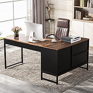 Tribesigns L Shaped Desk with Storage Cabinet, 59 inch Large L-Shaped Office Desks, PC Desks with Heavy-Duty Metal Frame Rustic Brown Black