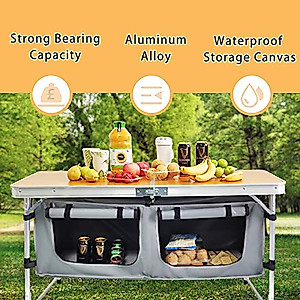 Folding Camping Table with Storage Lightweight Camp Tables Portable Indoor/Outdoor Collapsible Table Height Adjustable Camp Kitchen Perfect for Picnic, Beach, Travel, Tailgating, Backyards, BBQ, Party