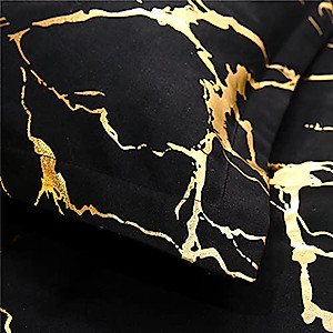 Holawakaka Black Gold Metallic Marble Duvet Cover Set Queen Size Foil Print Glitter Bedding Set (Black Queen, No Comforter)