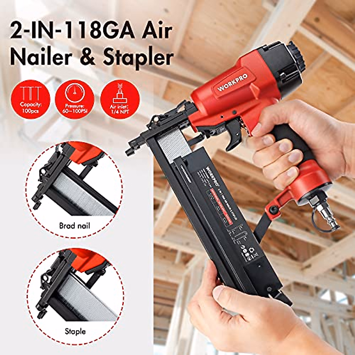 WORKPRO Pneumatic Brad Nailer, 18 GA, 2 in 1 Nail Gun and Crown Stapler, with 400pcs Nails/ 300pcs Staples, for Carpentry, DIY Project, Woodworking
