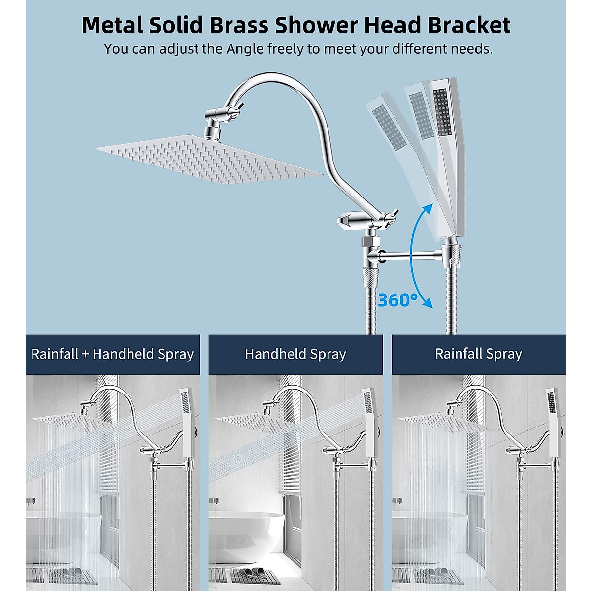 Hibbent All Metal Shower Head, 10'' High Pressure Rainfall Shower Head, Showerhead Combo/Handheld Shower Wand, 12'' Adjustable Curved Shower Extension Arm, 71'' Hose, 2 Shower Head Holders, Chrome