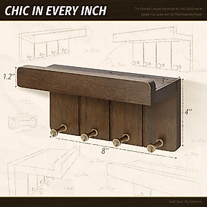 Rebee Vision Farmhouse Key Holder Wall Mount - Small Key and Mail Holder for Wall with 4 Hooks and Mini Floating Shelf - Ideal Apartment Essentials for Room Decor Aesthetic (Rustic Brown)