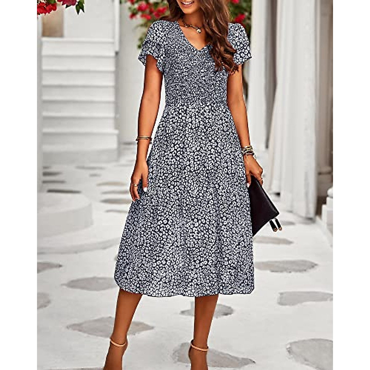 BTFBM Women Casual Summer Short Ruffles Tiered Sleeve Smocked Midi Dresses Bohemian Floral V Neck Wedding Guest Long Dresses（Floral Dark Blue,Large