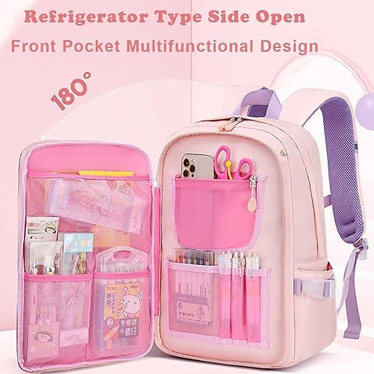 Nzahdwu Kawaii Backpack Girls, Cute Bunny Backpacks,Cartoon Large Capacity Waterproof Backpack Multifunction Laptop Travel Bag for Teens (Purple-17.7in)