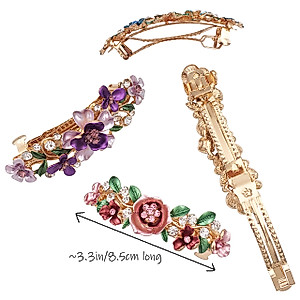 4 Colorful Vintage Decorative Flower Design Metal Gold Tone French Barrettes Hair Clasps Accessories Women Girls