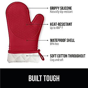 Gorilla Grip Silicone Oven Mitts Set of 2 and Silicone Baking Mats Set of 2, Silicone Oven Mitts are 14.5 Inch, Quarter Sheet Silicone Baking Mats, Both in Red Color, 2 Item Bundle