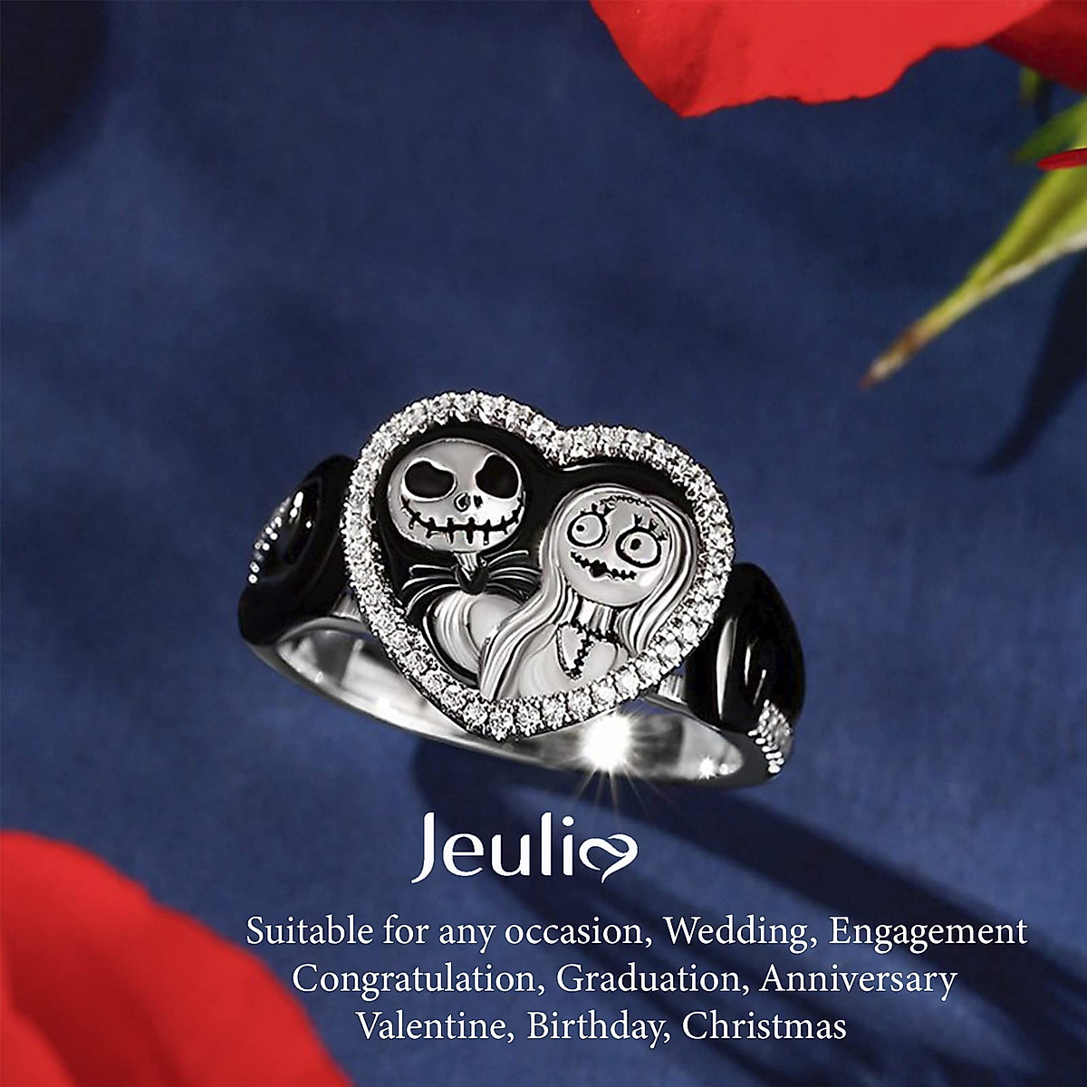 Jeulia Pumpkin King Skull Couple Round Cut Sterling Silver Ring Two Tone Halloween Mini Skull Band for Women Men Girlfriend Engagement Wedding Anniversary Valentine’s Day Birthday With Jewelry Box,
