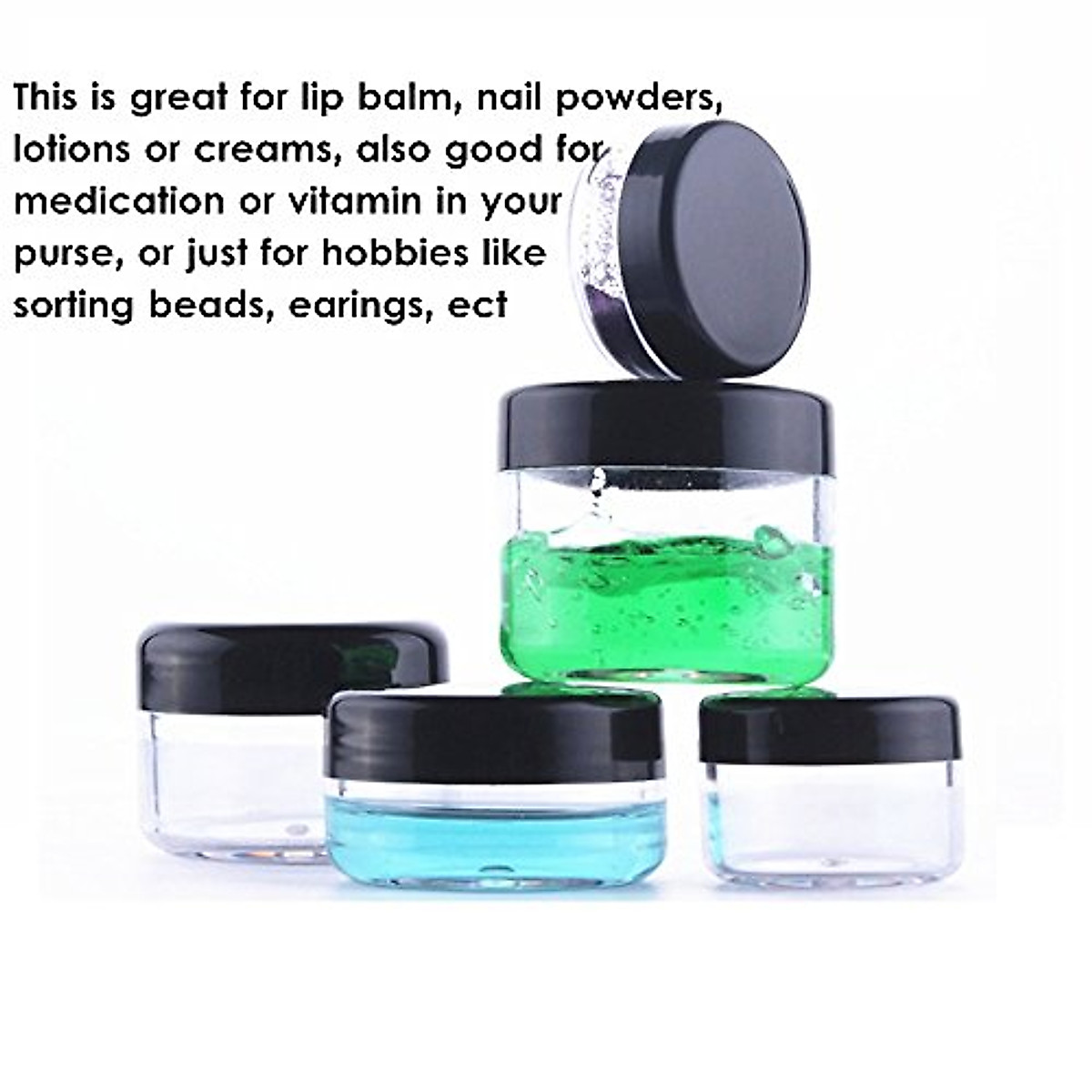 (50 Pieces, Black Lid) 5gram/5ml Round Clear Container Jars with Black Screw Cap Lids for Lip Balms, Makeup Samples Makeup Eye Shadow Nails Powder Jewelry - BPA Free