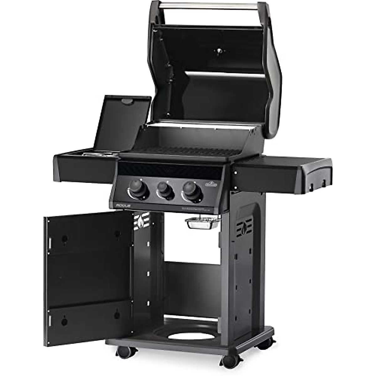 Napoleon Rogue 365 BBQ Grill, Black, Propane Gas - R365SBPK-1-OB - With Two Burners and Range Gas Side Burner, Barbecue Gas Cart, Folding Sideshelves, Instant Failsafe Ignition