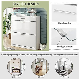FridayParts Slim Entryway Organizer with 2 Flip Drawers, Tempered Glass Top Shoe Storage Cabinet with Drawer, Free Standing Shoe Rack with LED Light for Hallway, White