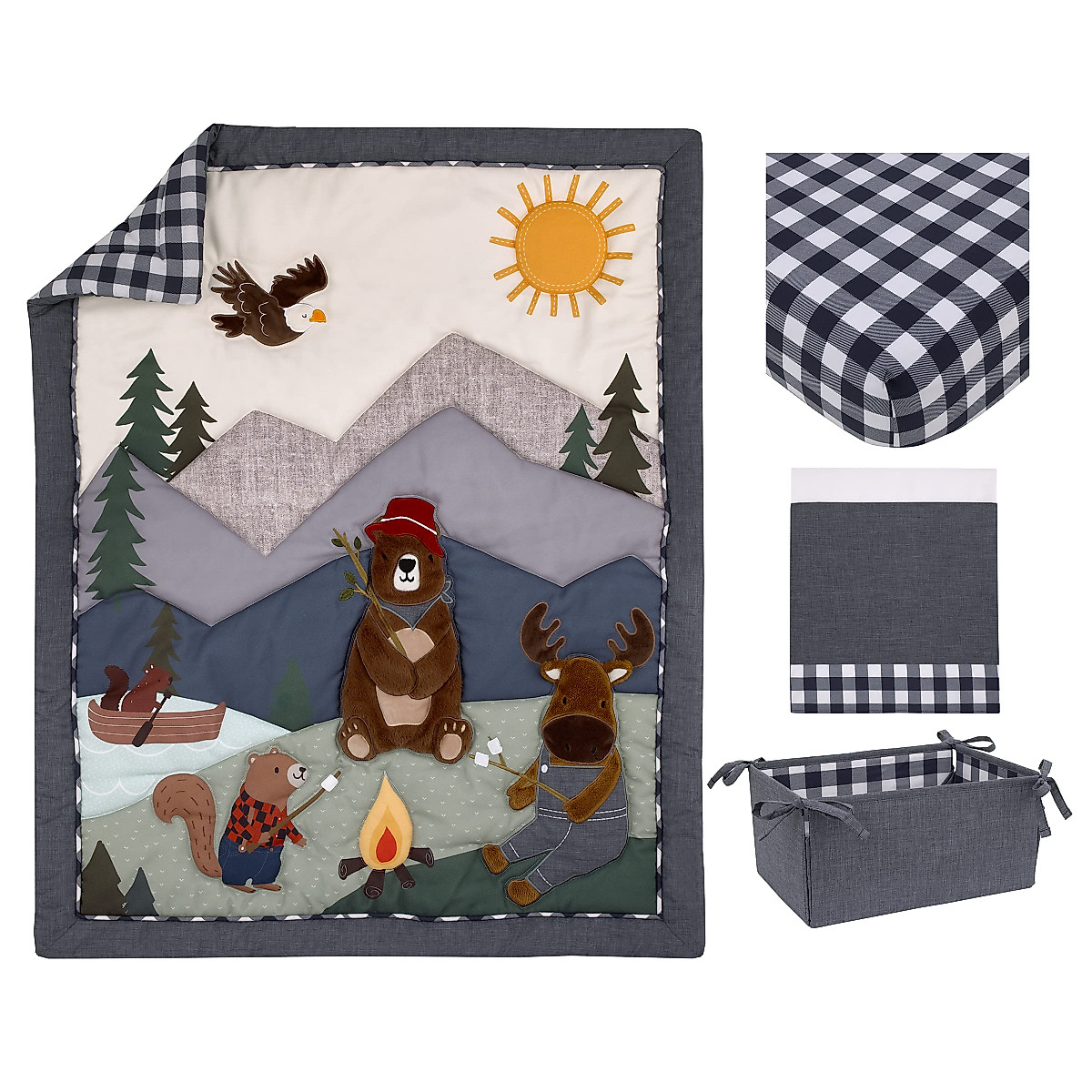 NoJo Into The Wilderness Navy, Green, and Brown, Camping Bear, Moose, Eagle, and Beaver Campfire 4 Piece Nursery Crib Bedding Set - Comforter, Cotton Fitted Crib Sheet, Crib Skirt, and Storage Tote
