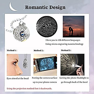 4Pcs I Love You Necklace 100 Languages for Him and Her Projection Magnetic Necklace Matching Necklaces for Couples Best Friends Friendship Gift Jewelry (rose gold sun and black moon)