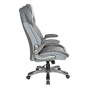 Office Star ECH Series Deluxe Executive High Back Bonded Leather Chair with Adjustable Seat and Padded Flip Arms, Grey with Titanium Nylon Base