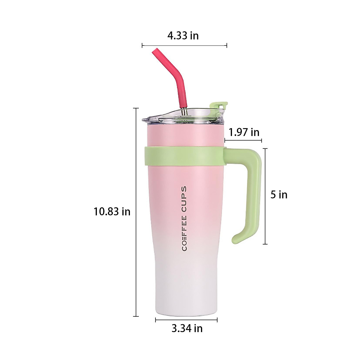 Taumy Large capacitly stainless steel drinking cup with handle and straw, Reusable, Easy to clean, Leak-proof andinsulated travel mug (Pink)
