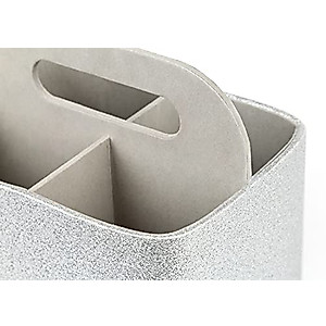 HofferRuffer Faux Leather Basket Tote Bin Caddy, Remote Control Holder, Portable Skincare Makeup Storage Organizer Caddy Tote with Handle, 7.3 x 5.5 x 6.7 inches (Silver)