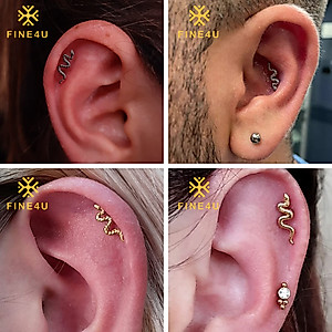 FINE4U 16G Gold Snake Piercing Jewelry for Conch, Tragus, Helix - ASTM F136 Titanium Hypoallergenic Cartilage Earring, Internally Threaded Nickel Free Flat Back Stud