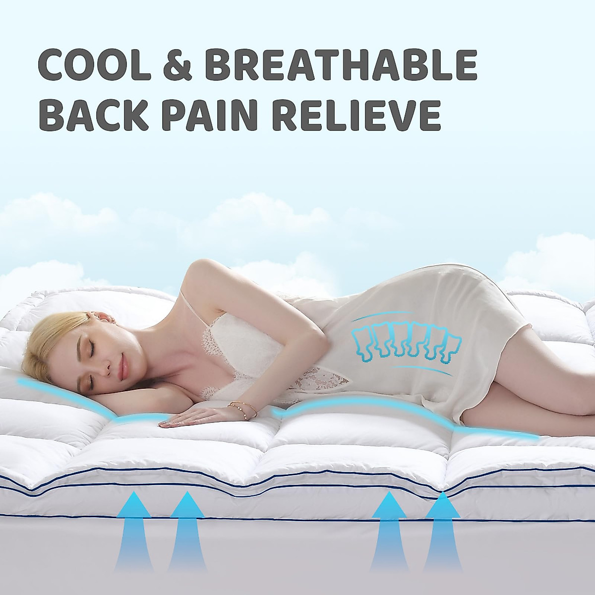 Cosmoluxe Mattress Topper Queen (80"x60"), 2 Inch Pillowtop Mattress Topper for Back Pain, Down Alternative Mattress Pad Cover with 8~21 Inch Deep Elastic Pocket, Navy Piping