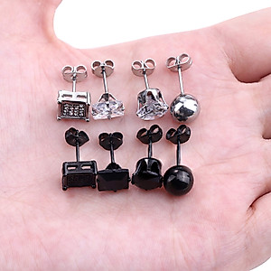 LOYALLOOK Stainless Steel Black Stud Earrings Silver Cubic Ziconia Stud Earrings Sets Tunnel Earring Ball Studs for Women Men 16 Pairs 6MM