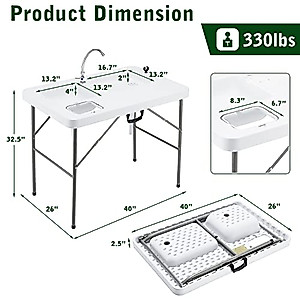 Avocahom Folding Fish Cleaning Table Portable Camping Sink Table w/Dual Water Basins, Faucet Drainage Hose & Sprayer Outdoor Fish Fillet Cleaning Station w/Knife