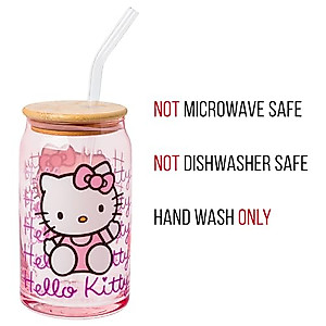 Silver Buffalo Sanrio Hello Kitty Waving Pink Glass Jar Tumbler with Bamboo Lid and Glass Straw, 16 Ounces