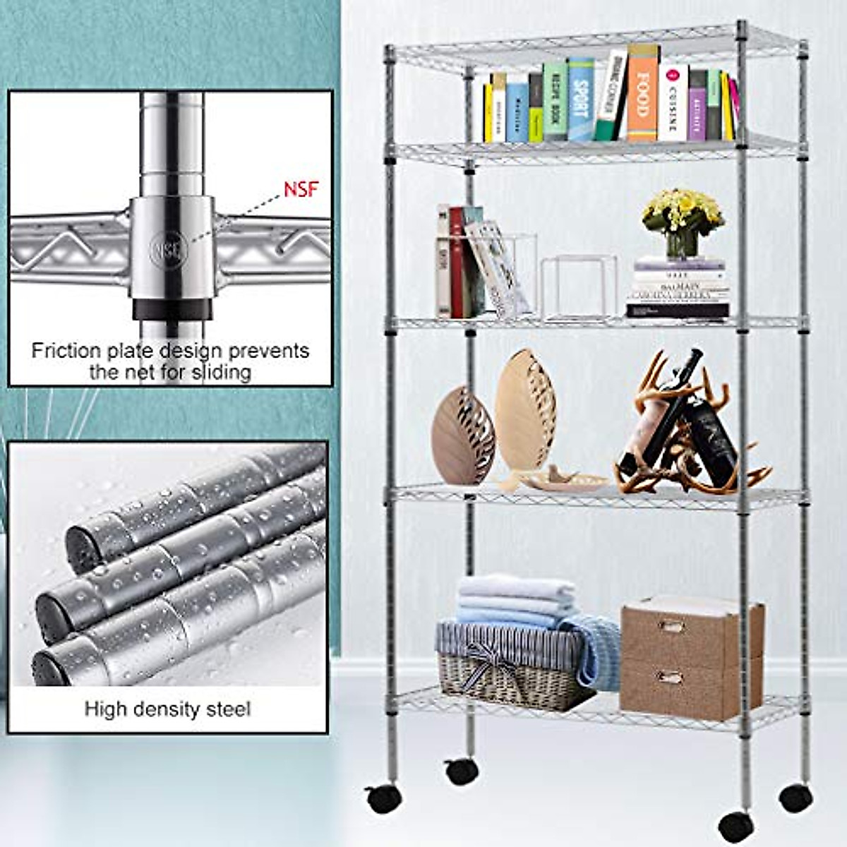 Metal Storage Shelves 5 Tier Wire Shelving Unit with Wheels, NSF Wire Shelf Utility Commercial Grade Heavy Duty Height Layer Rack for Pantry Closet Kitchen Laundry Organization ,14”Wx30”Dx60”H,Chrome