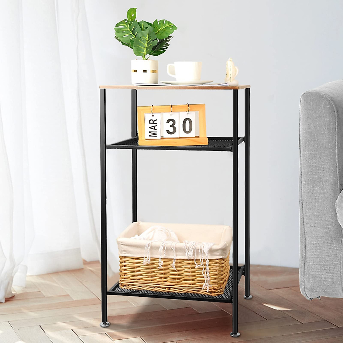 XASERDY 3-Tier Tall End Table,Slim Nightstands,Bedside Table with Storage Shelf,Sofa Side Tables for Small Space,for Living Room, Bedroom,Couch,Metal Frame