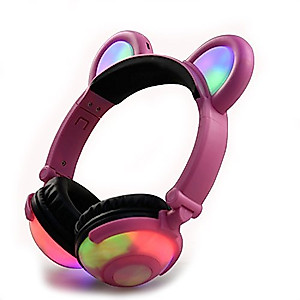 Winnes Bear Ear Bluetooth Headphones,Cat Ear Headphones Foldable Gaming Headsets Earphone with LED Flash Light for iOS Android Mobile Phone Tablet (Pink)