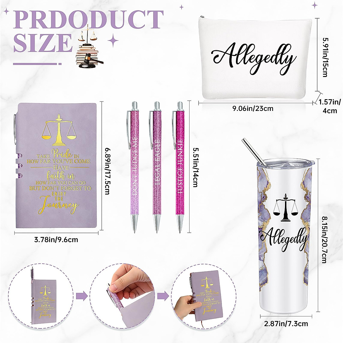 Domensi 6 Pcs Funny Allegedly Lawyer Gifts Judge Gift Lawyer Appreciation Day Gift 20 oz Marble Sign Tumbler Makeup Bag Notepad Ballpoints for Law Paralegal School College Teacher(Purple)