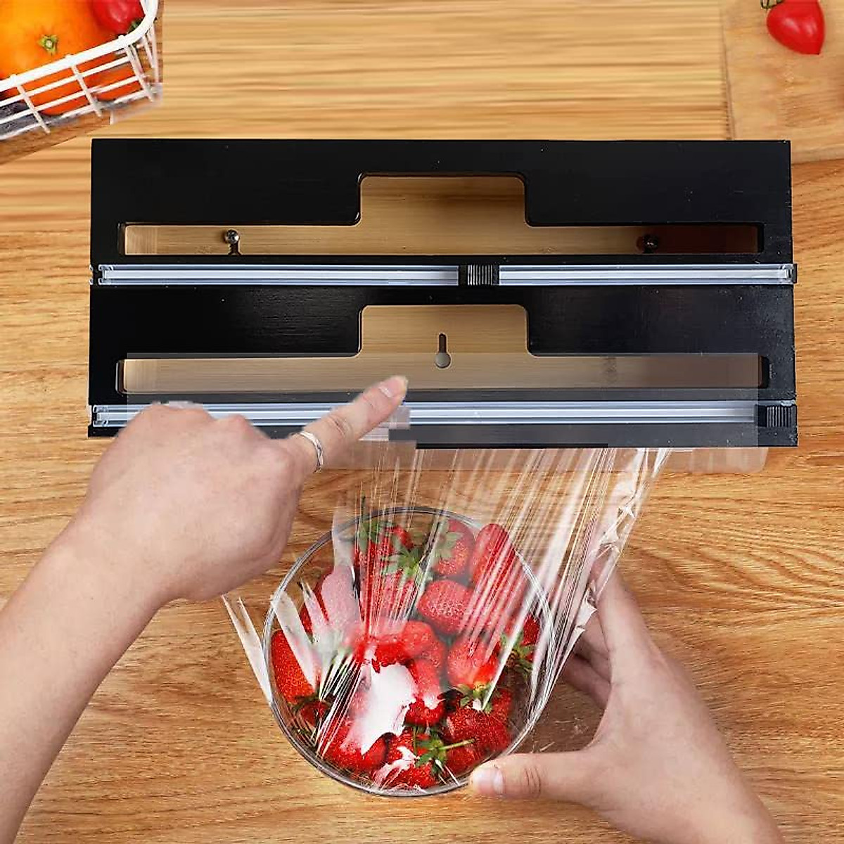Plastic Wrap Dispenser with Cutter, Parchment Paper Foil and Plastic Wrap Organizer for Kitchen Drawer, Bamboo Kitchen Drawer Organizer and Wrap Holder(2 section)-25 x 14 x 5 cm