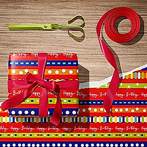 GIOLAINY Birthday Wrapping Paper for Kids Boys Girls Adults - Gift Wrapping Paper with Bright "Happy Birthday" Words, Blue Stripes and Star Design - 8 Sheets (20*29 Inch per Sheet), Recyclable, Easy to Store, Not Rolled