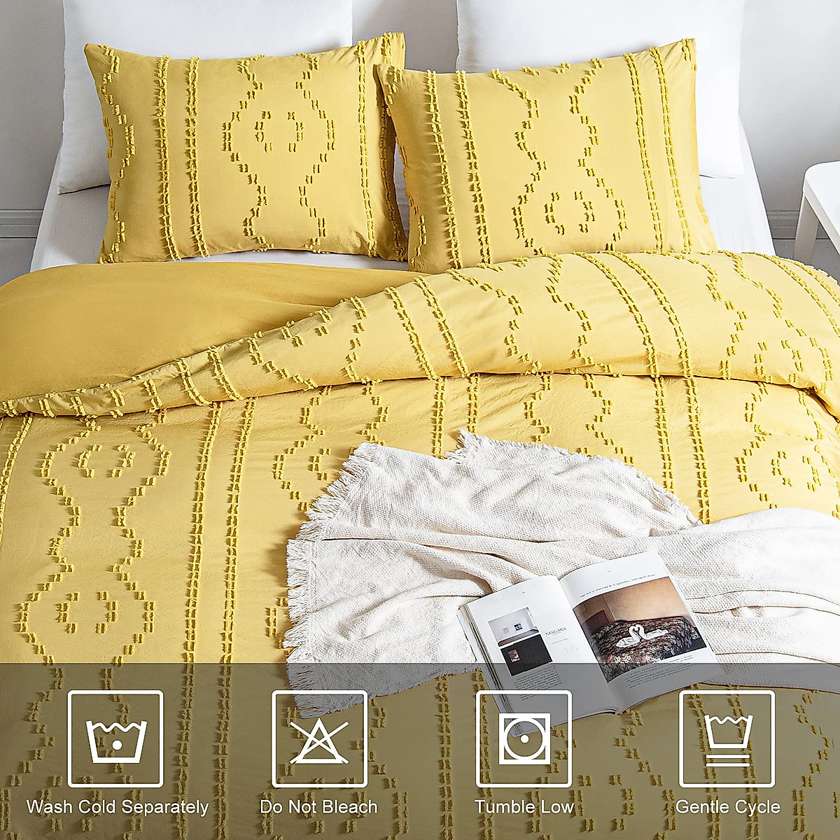WARMDERN Boho Duvet Cover Set, Tufted Bedding Duvet Covers Soft Washed Microfiber Duvet Cover King Size, 3 Pieces Embroidery Shabby Chic Duvet Cover with Zipper Closure(Yellow, King)