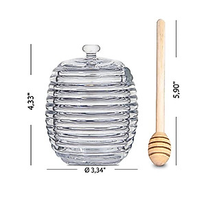 Touchstone Glass Honey Jar with Wood Dipper and Lid Perfect for Any Kitchen, Food Grade Glass Honey Jars with Dipper Material, The Honey Pot with Wooden Spoon, Honey holder, (3.5" x 4.3") (9 fl oz)
