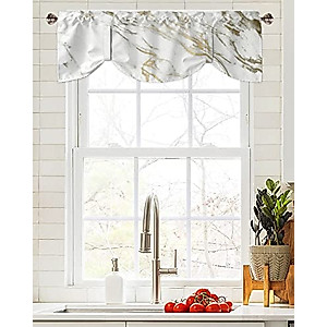 Tie Up Valance for Kitchen Windows,Abstract White Marble Gold Inlay Adjustable Valances Rod Pocket Short Curtain,Modern Simple Geometric Tie Up Curtains Valance for Bedroom Bathroom 60x18in