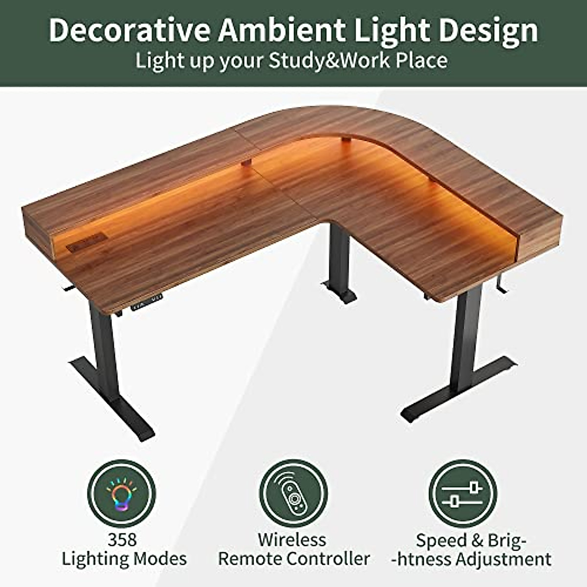 FEZIBO Triple Motor L Shaped Stadning Desk with LED Strip & Power Outrlets，63 inches Height Adjustable Stand up Corner Desk with Ergonomic Monitor Stand, Black Frame/Black Walnut Top