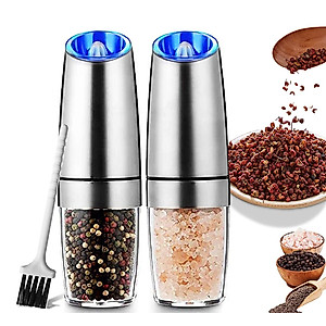 Premium Gravity Electric Salt and Pepper Grinder Set of 2, Automatic One Hand Pepper Mills with LED Light, Automatic Pepper and Salt Mill Grinder Battery-Operated with Adjustable Coarseness